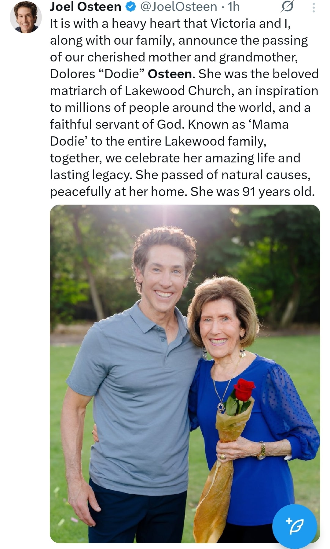 Lakewood Church Co-Founder Dolores 'Dodie' Osteen, Joel Osteen's Mother ...